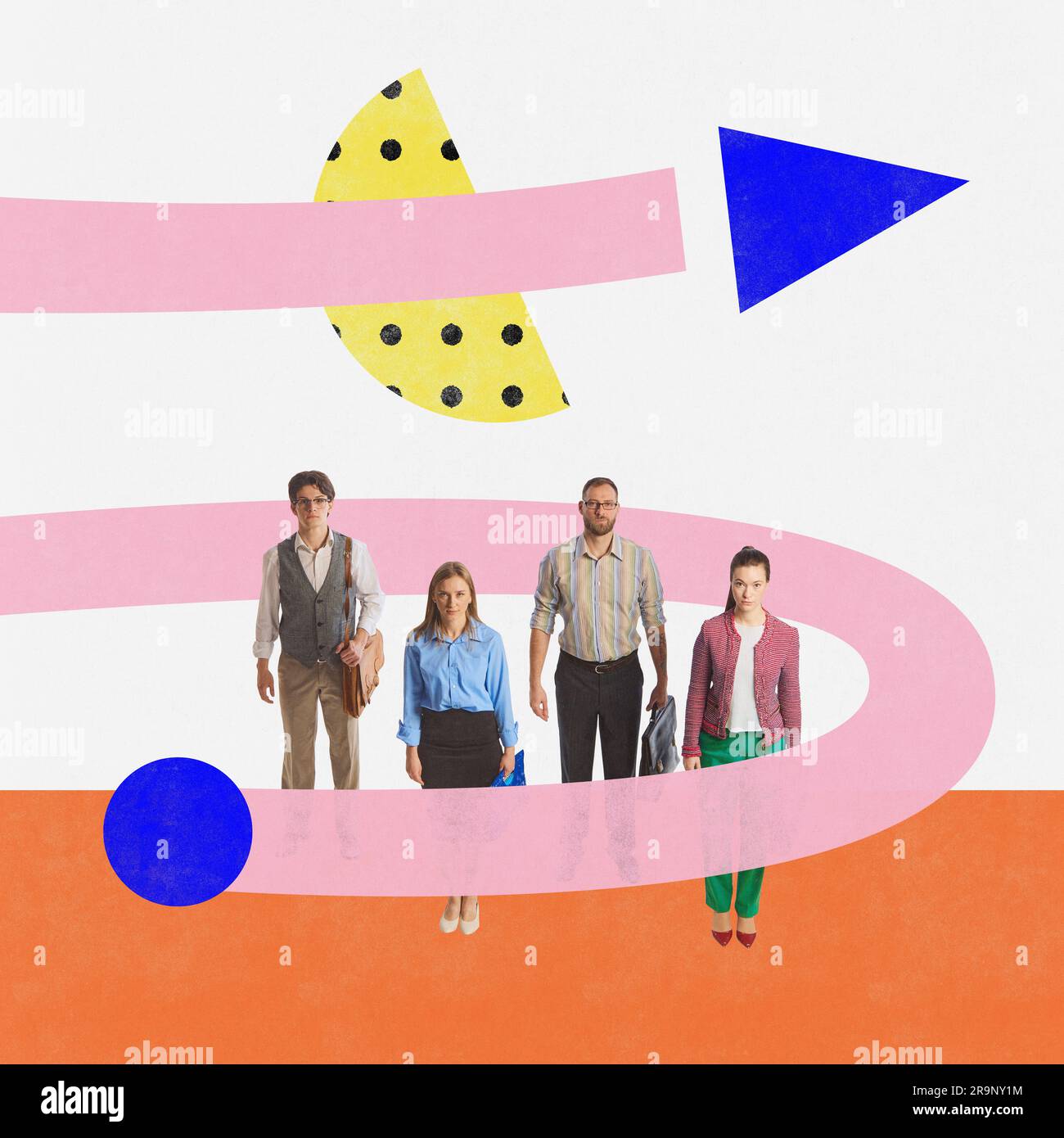 Contemporary art collage with business people standing together as team ...