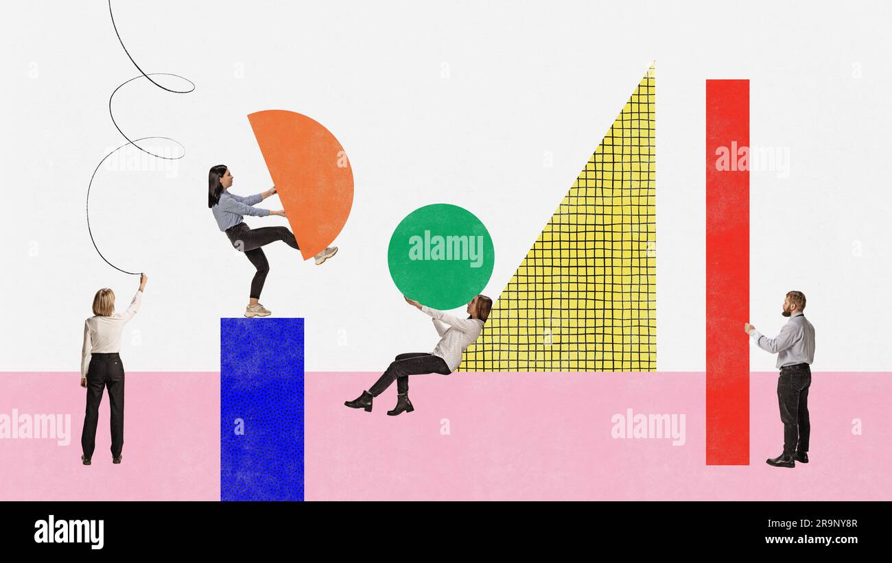 Contemporary art collage with business people communicated, doing ...