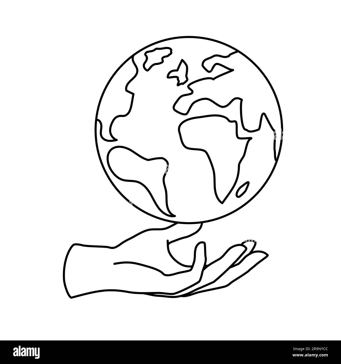 Vector linear icon - human hand holding Earth isolated on white ...