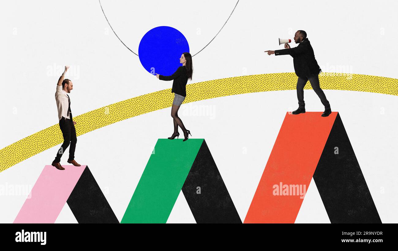 Contemporary art collage with business people communicated, doing ...