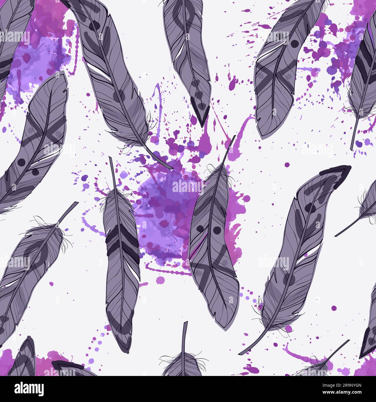 Vector seamless pattern with feathers and watercolor splashes Stock ...