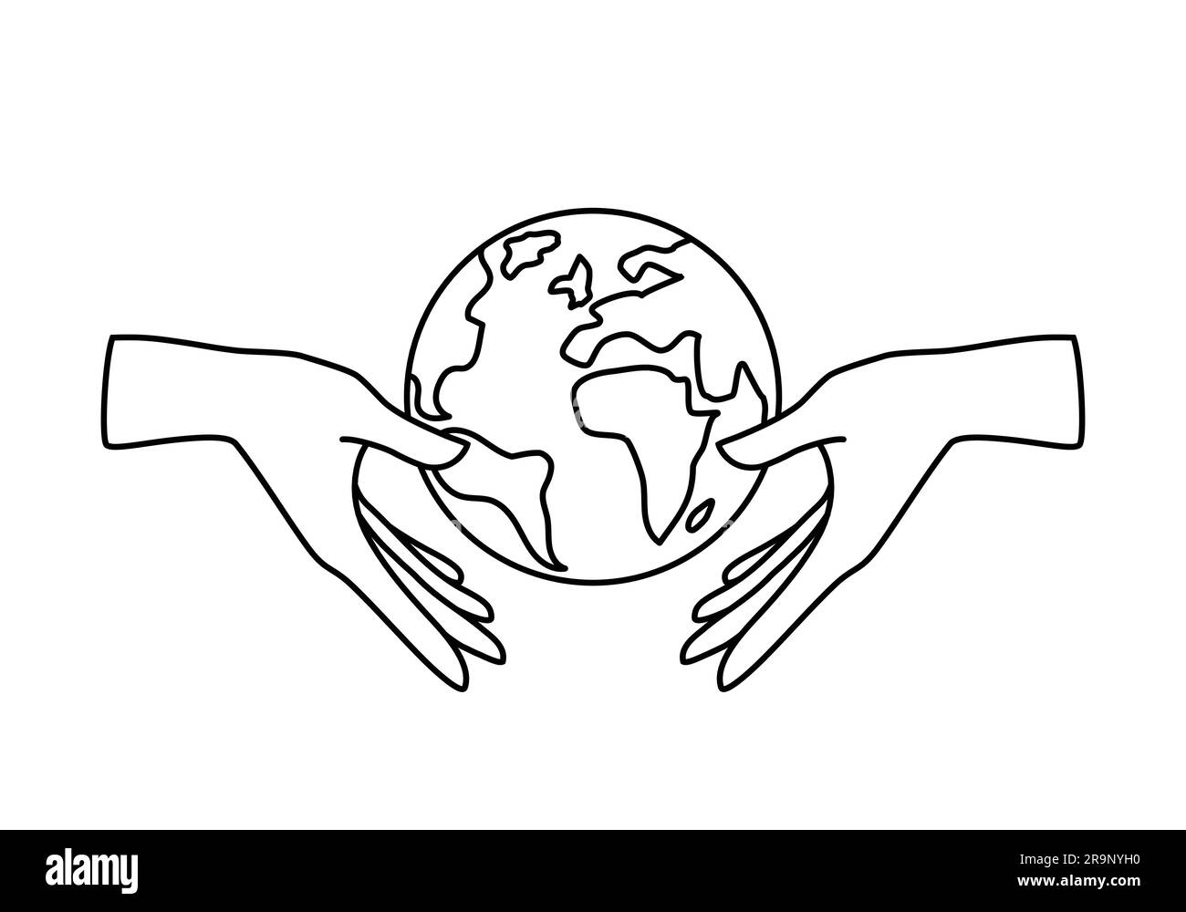 Vector linear icon - human hand holding Earth isolated on white ...