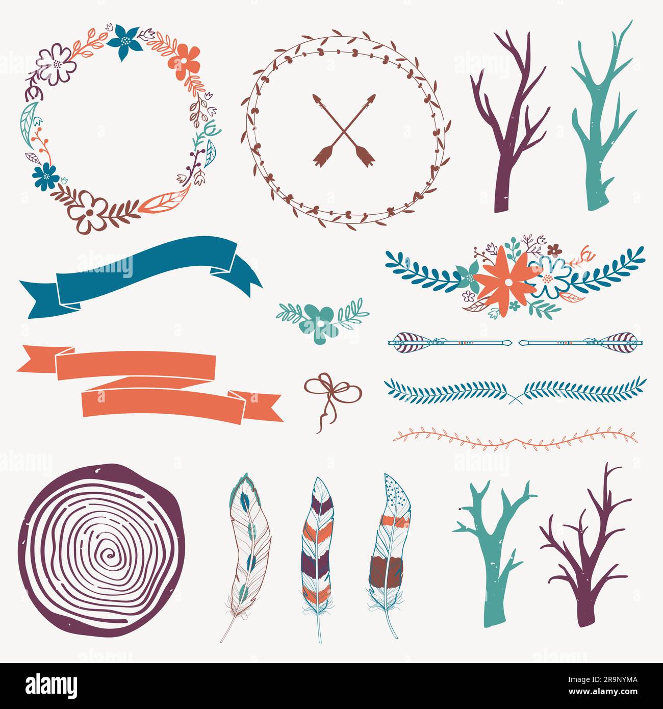 Vector decoration set with arrows, feathers, floral frames, borders ...