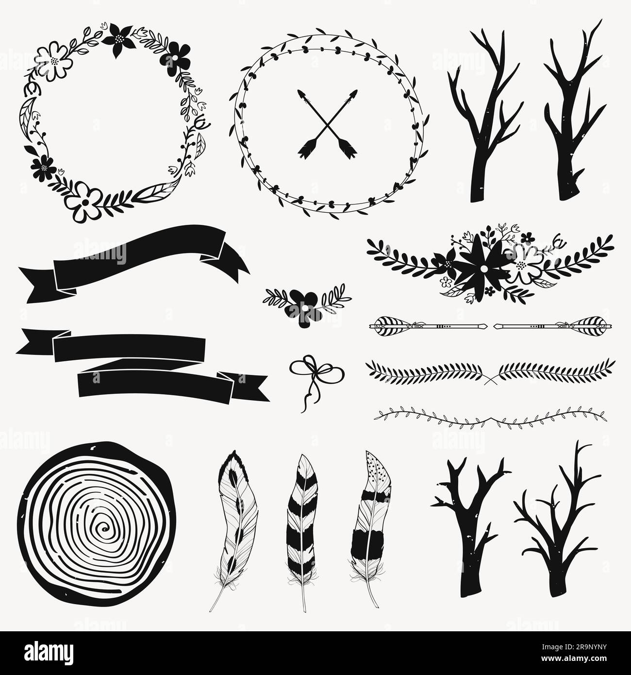Vector Monochrome Decoration Set With Arrows Feathers Floral Frames