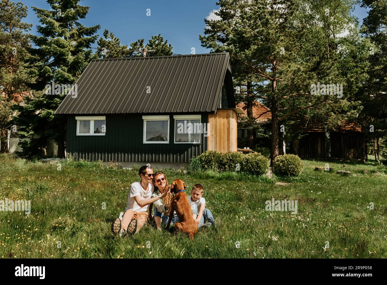 Family with Dog Having Fun Together Outdoors Stock Photo - Alamy