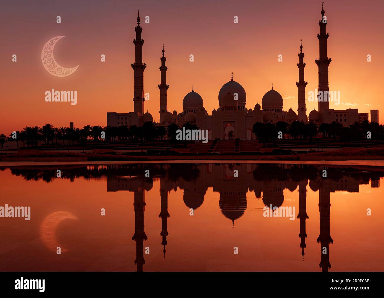 ramadan Kareem background. Sheikh Zayed grand mosque with crescent moon ...