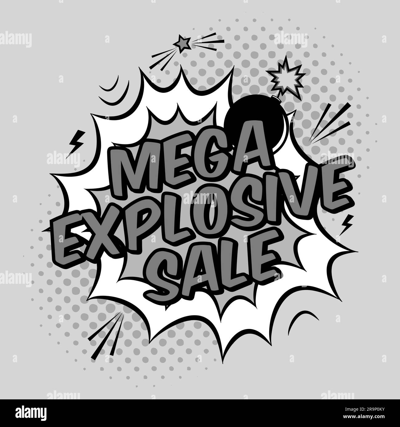 Vector black and white pop art illustration with mega explosive sale ...