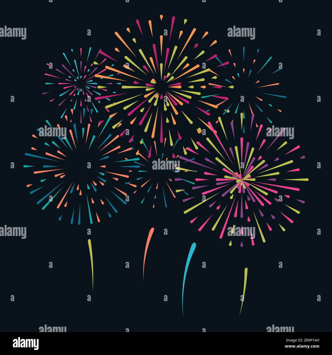 Vector illustration with different colorful fireworks on dark ...