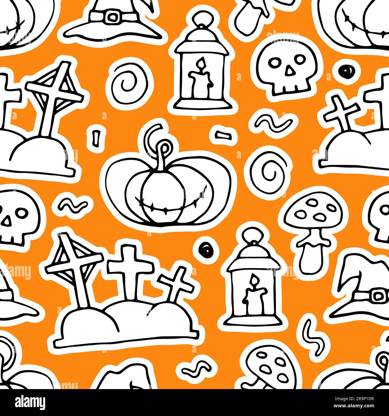 Doodle Halloween seamless pattern. Hand-drawn autumn pumpkin, grave ...