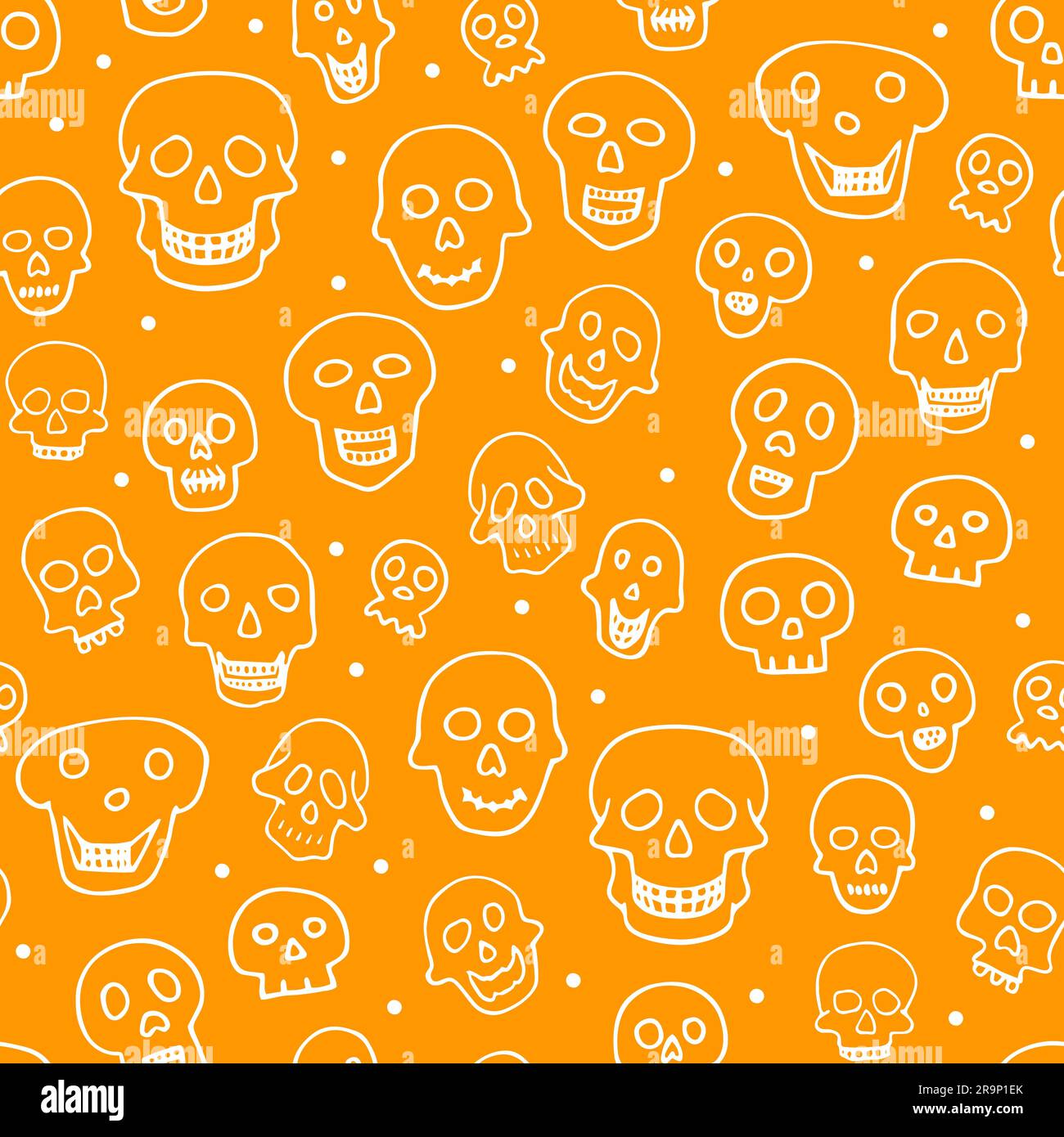 Doodle Halloween sculls seamless pattern. Outline Skeleton on orange ...