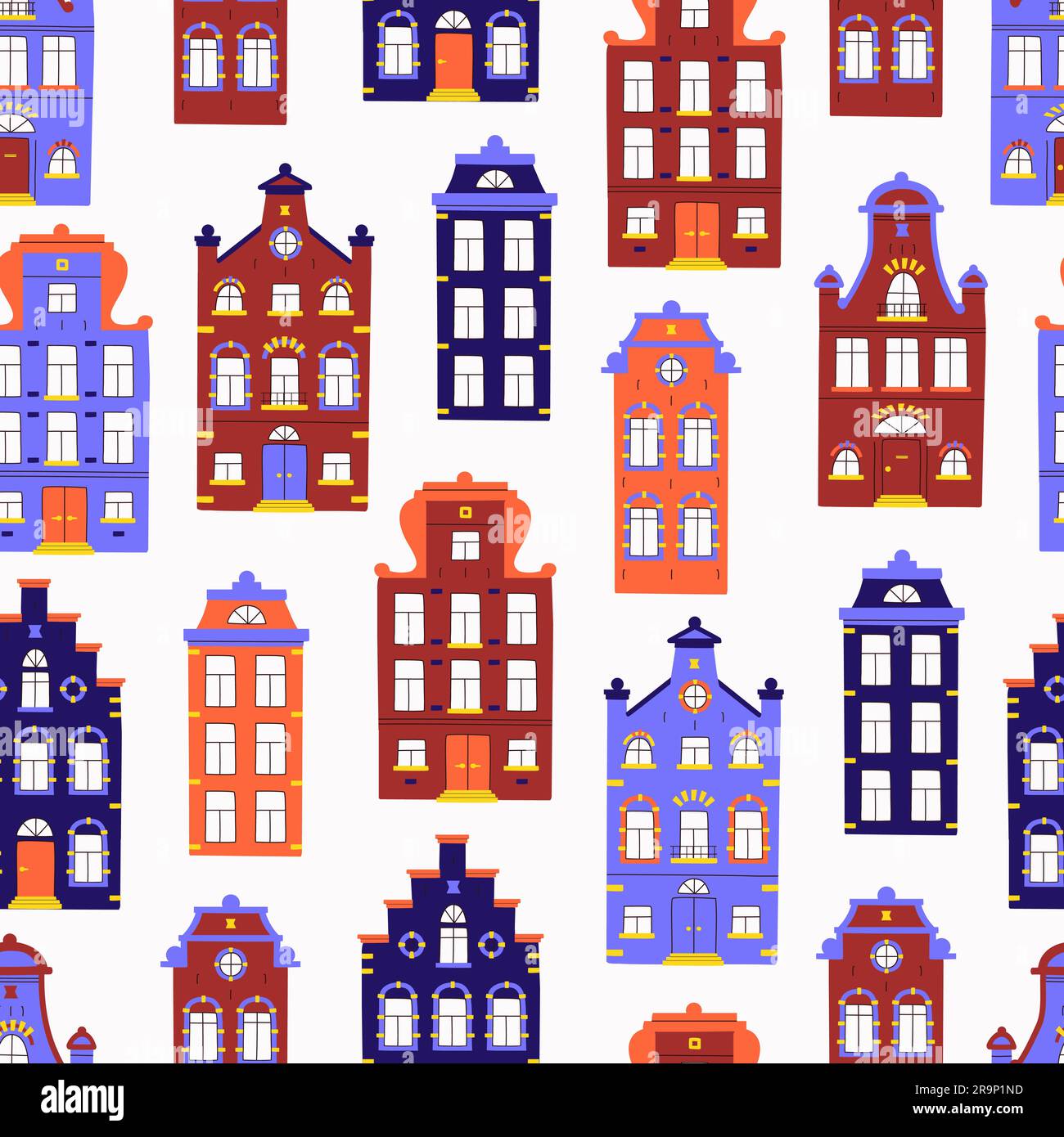 Vector cute seamless pattern with doodle traditional houses. Vector ...