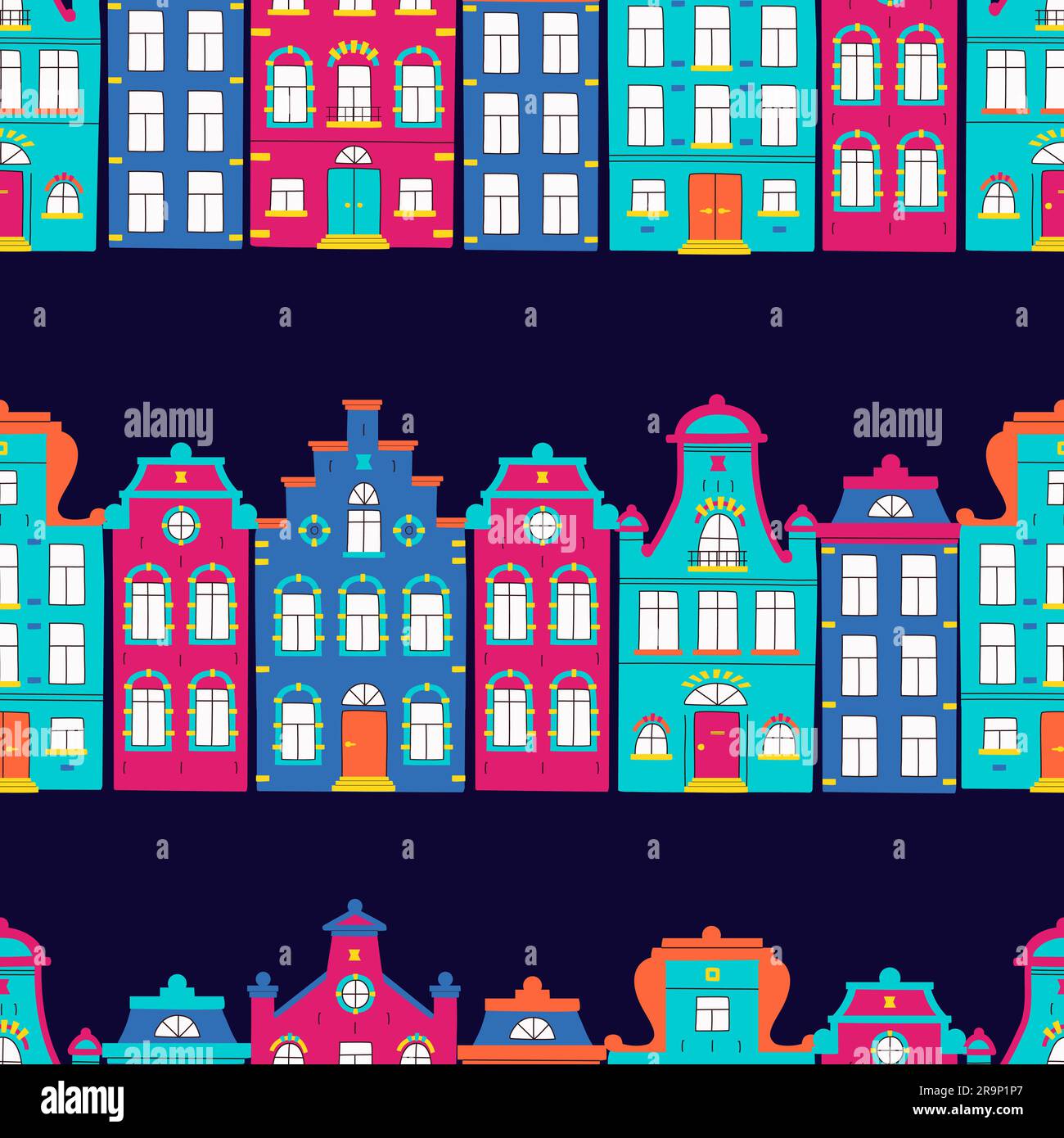 Vector cute seamless pattern with doodle traditional houses. Vector ...