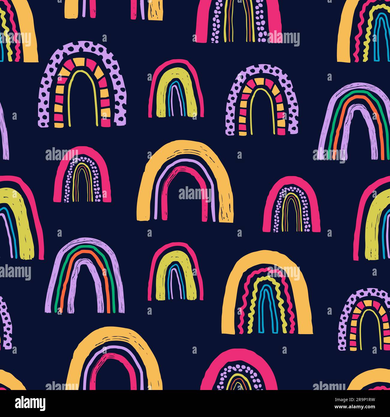 Vector seamless childish pattern with hand drawn rainbows. Creative ...