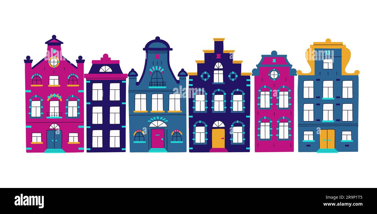 Vector cute card with traditional houses. Vector collection of multi ...