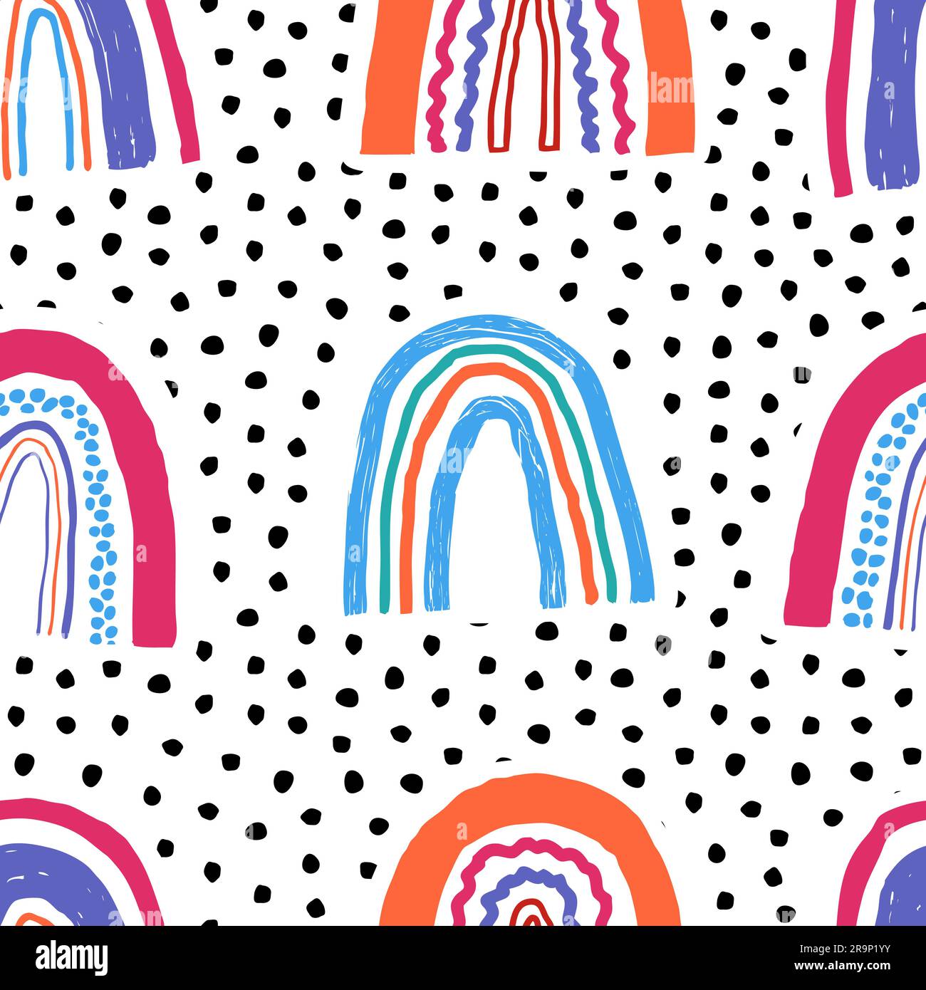 Vector seamless childish pattern with hand drawn rainbows and polka dot ...