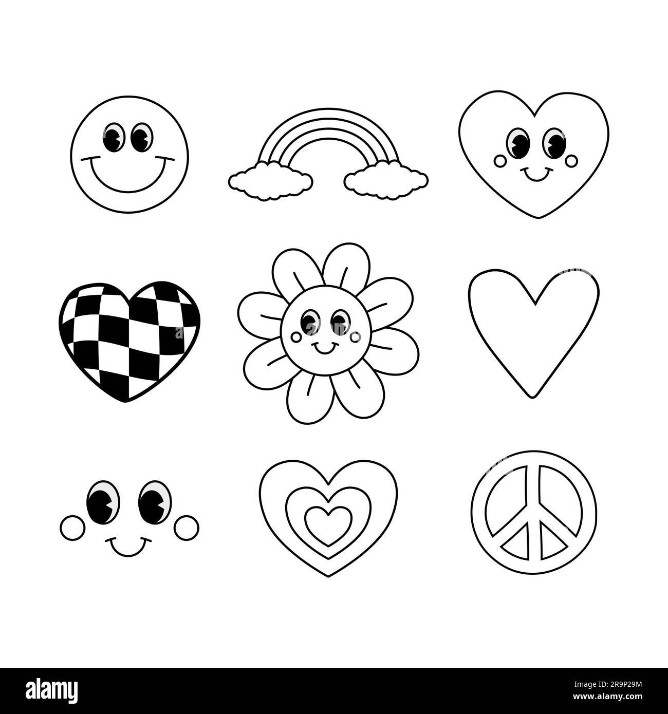 Vector set of retro groovy outline elements isolated on white ...