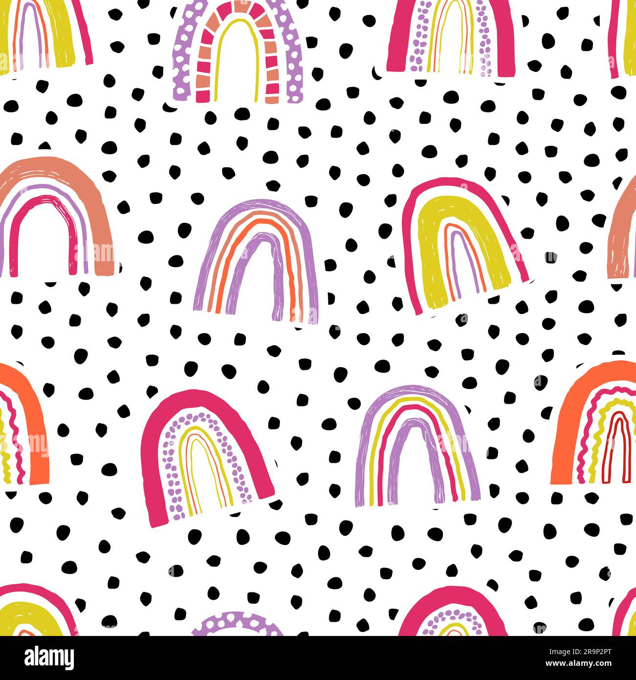 Vector seamless childish pattern with hand drawn rainbows and polka dot ...
