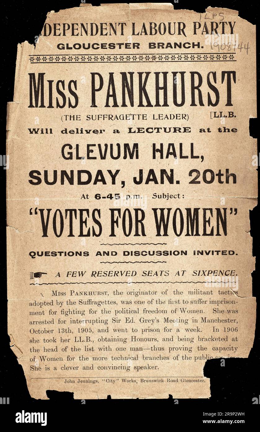 A poster advertising a speech by Emmeline Pankhurst at the Glevum Hall ...