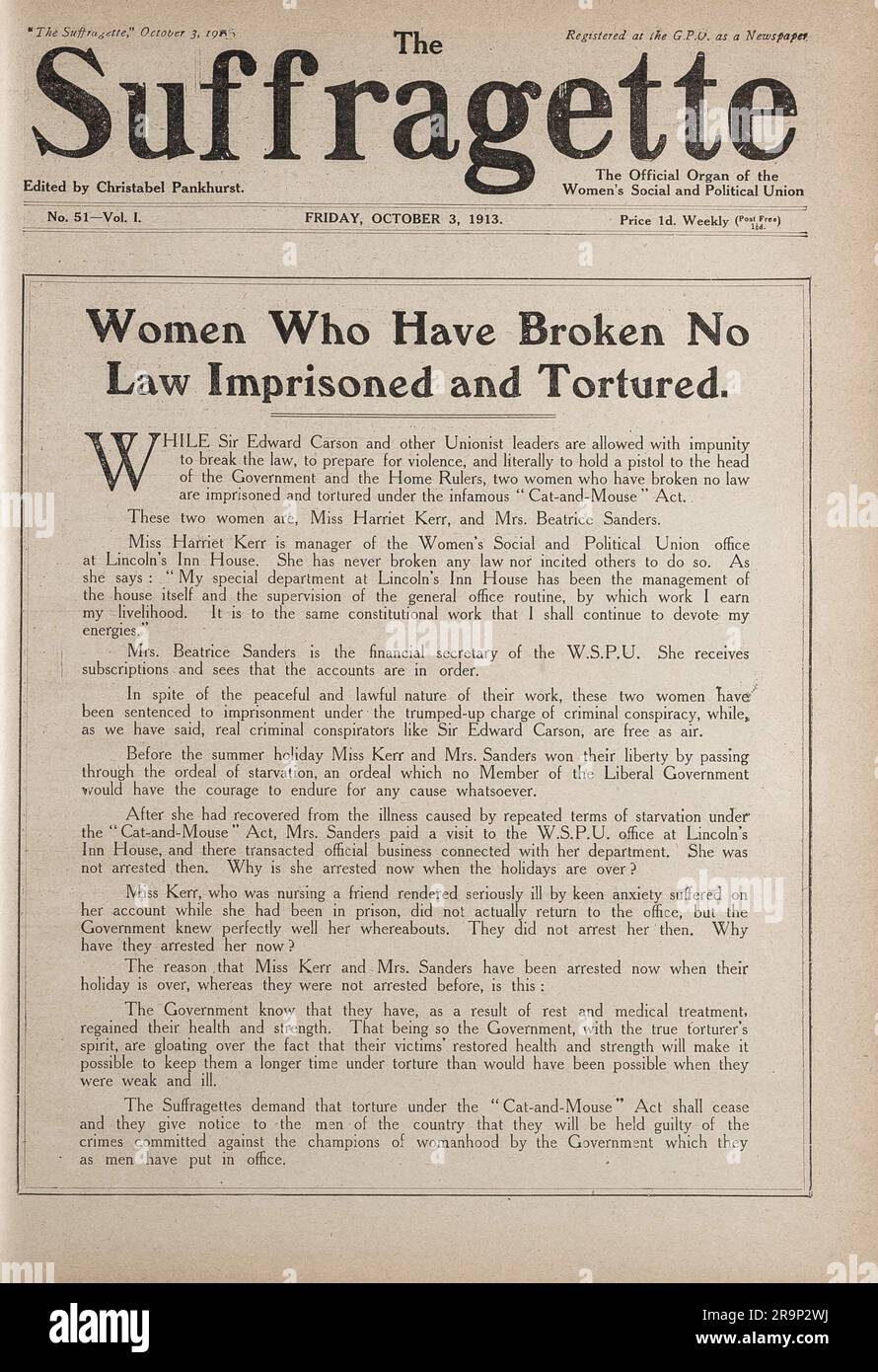Front page of The Suffragette, 3 October 1913, reporting the arrests of ...