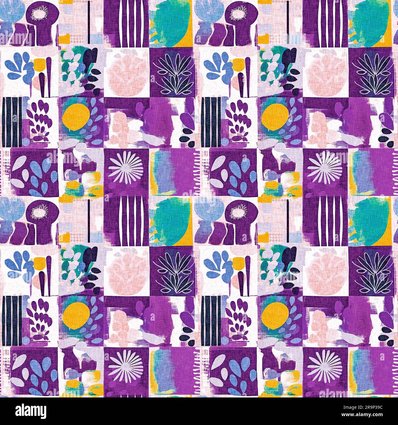Modern purple summer collage paper cut out shapes pattern with fabric ...