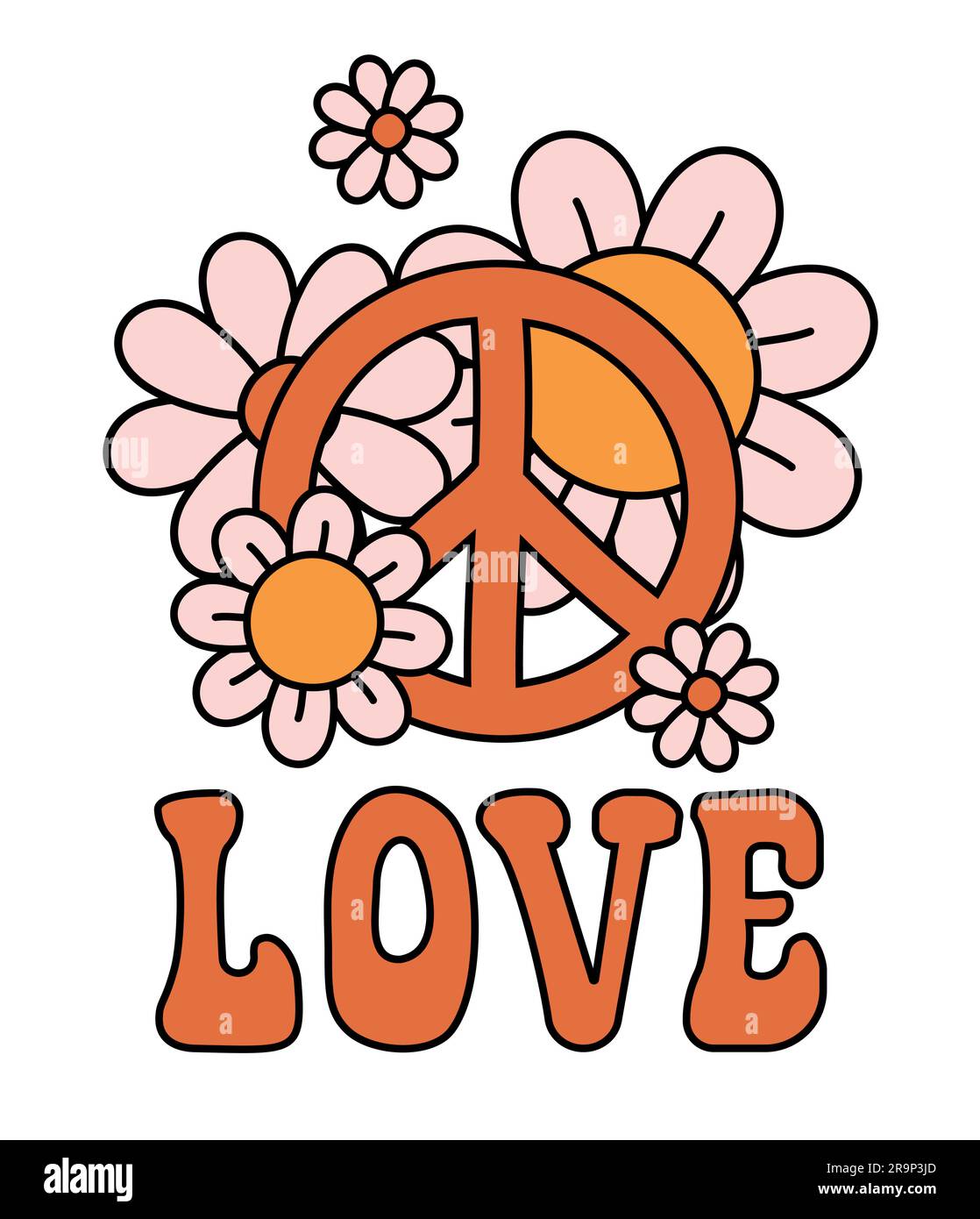 Vector retro groovy poster with flowers peace sign and love lettering ...