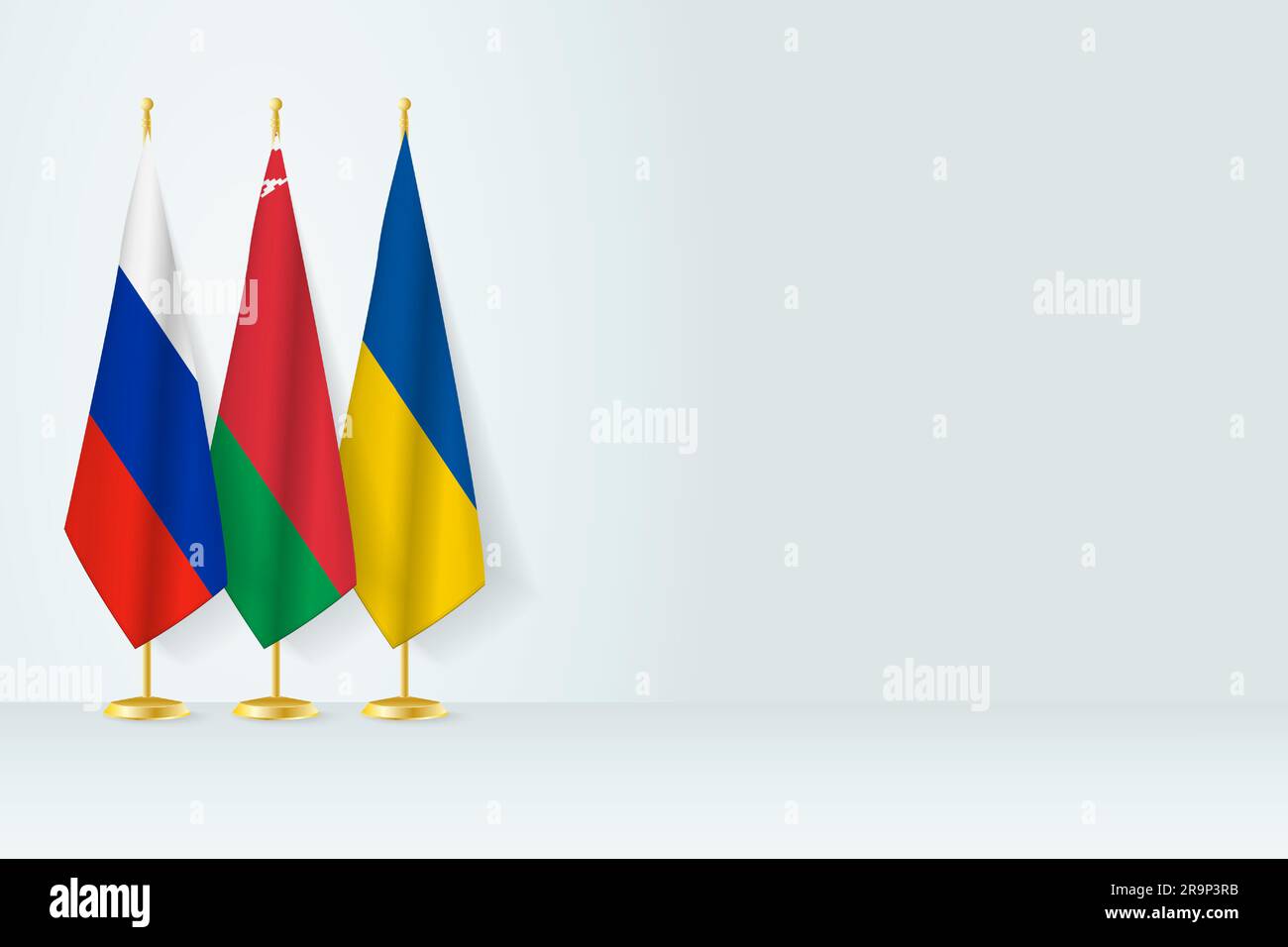 Flags of Russia, Belarus and Ukraine stand in row on indoor flagpole ...