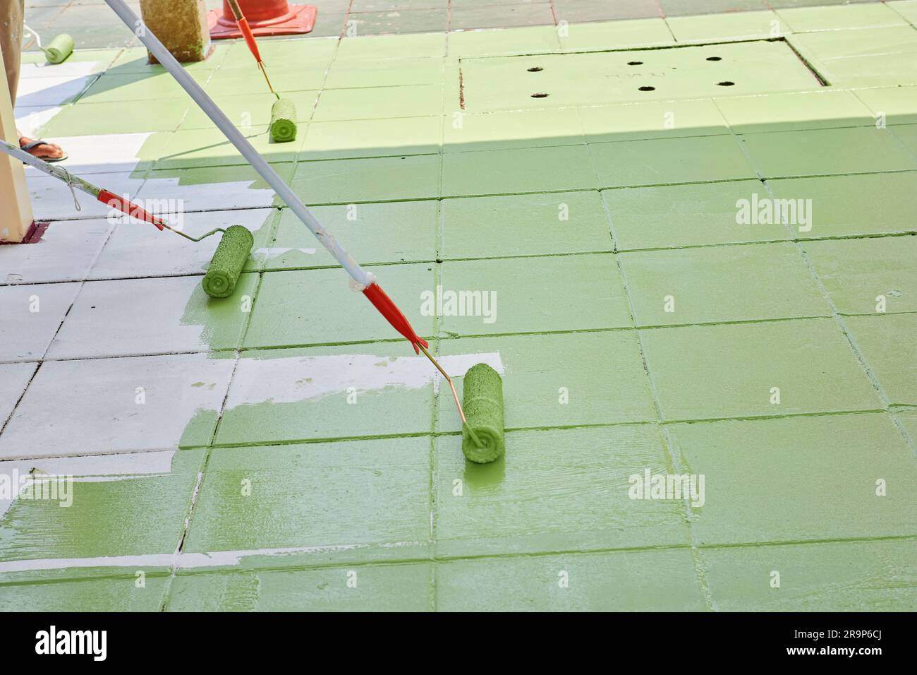 Paint roller and painting green color on footpath Stock Photo - Alamy