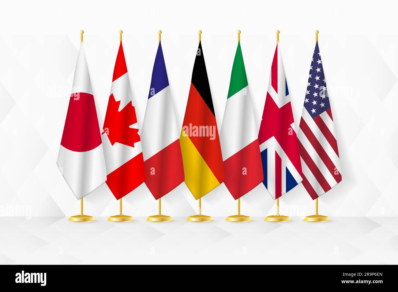 Members of G7 flags on flag stand, set of vector flag of Japan, Canada ...