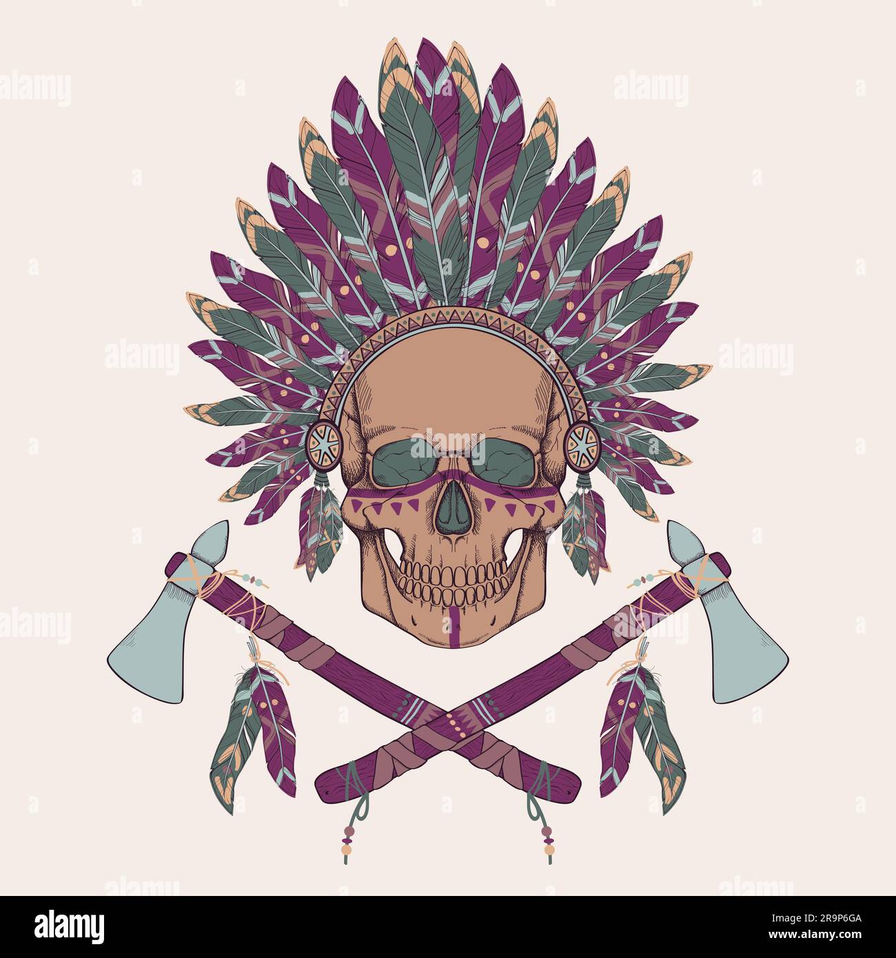Vector illustration of human skull in native american indian chief ...