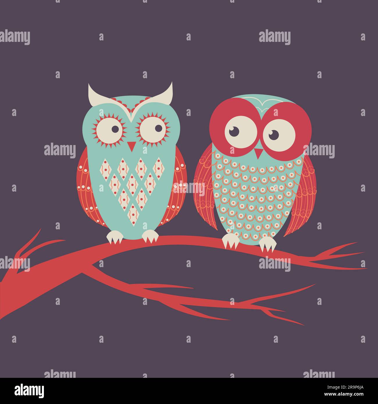 Vector illustration of two cute colorful owls sitting on a branch Stock Vector Image & Art - Alamy