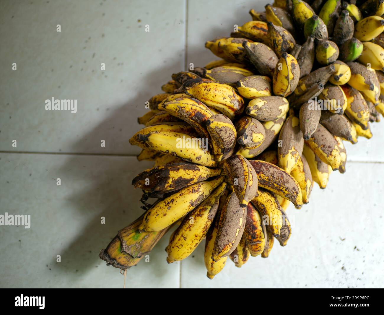 Unhealthy, mottled bunch of ripe bananas on the white floor Stock Photo ...