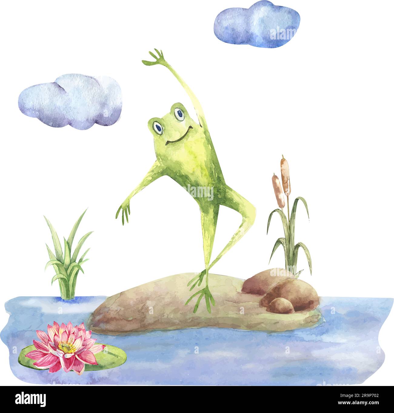 Funny frog dancing on the lawn. Watercolor children s illustration ...