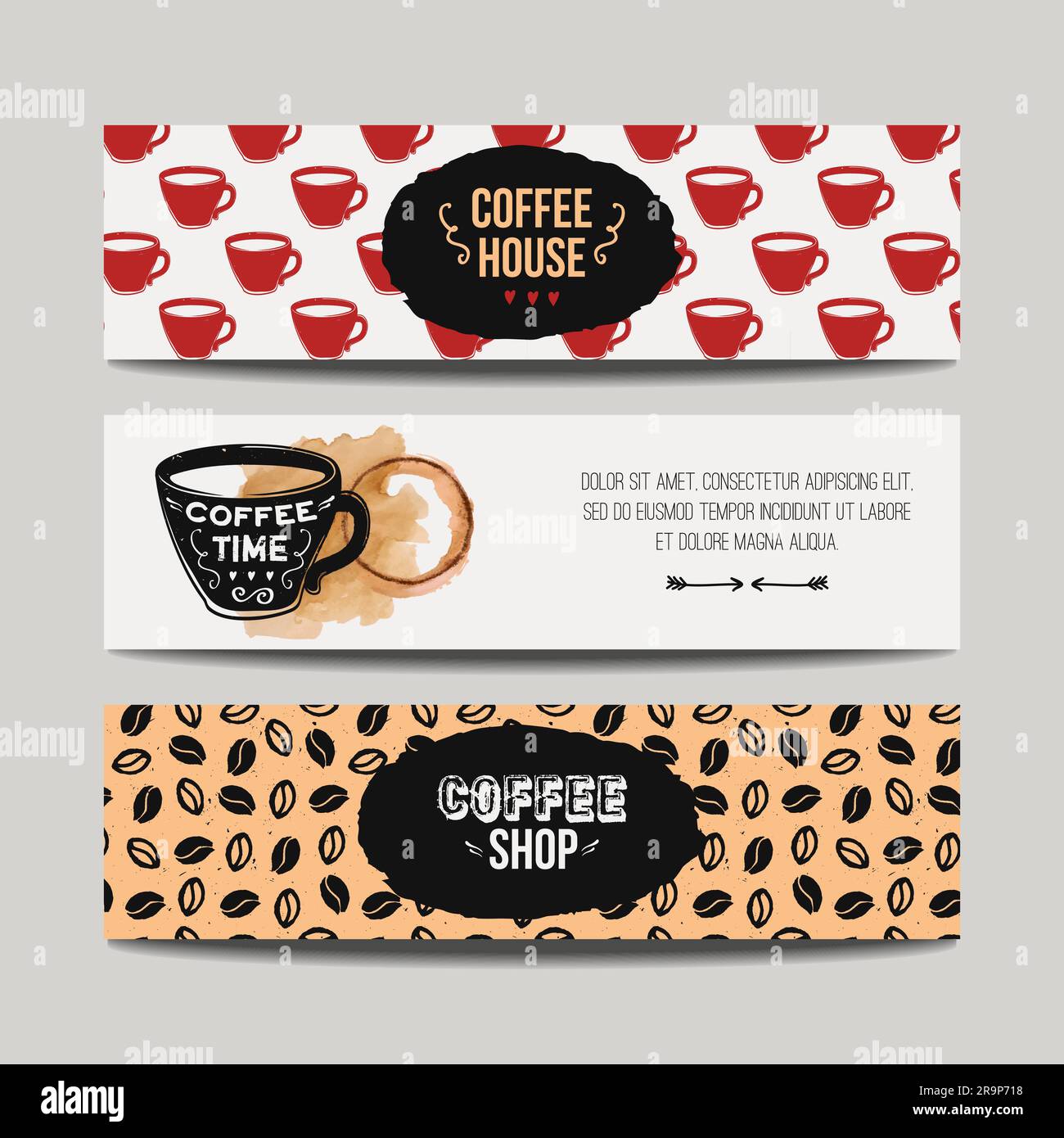 Vector colorful set of modern banners with coffee backgrounds. Trendy ...