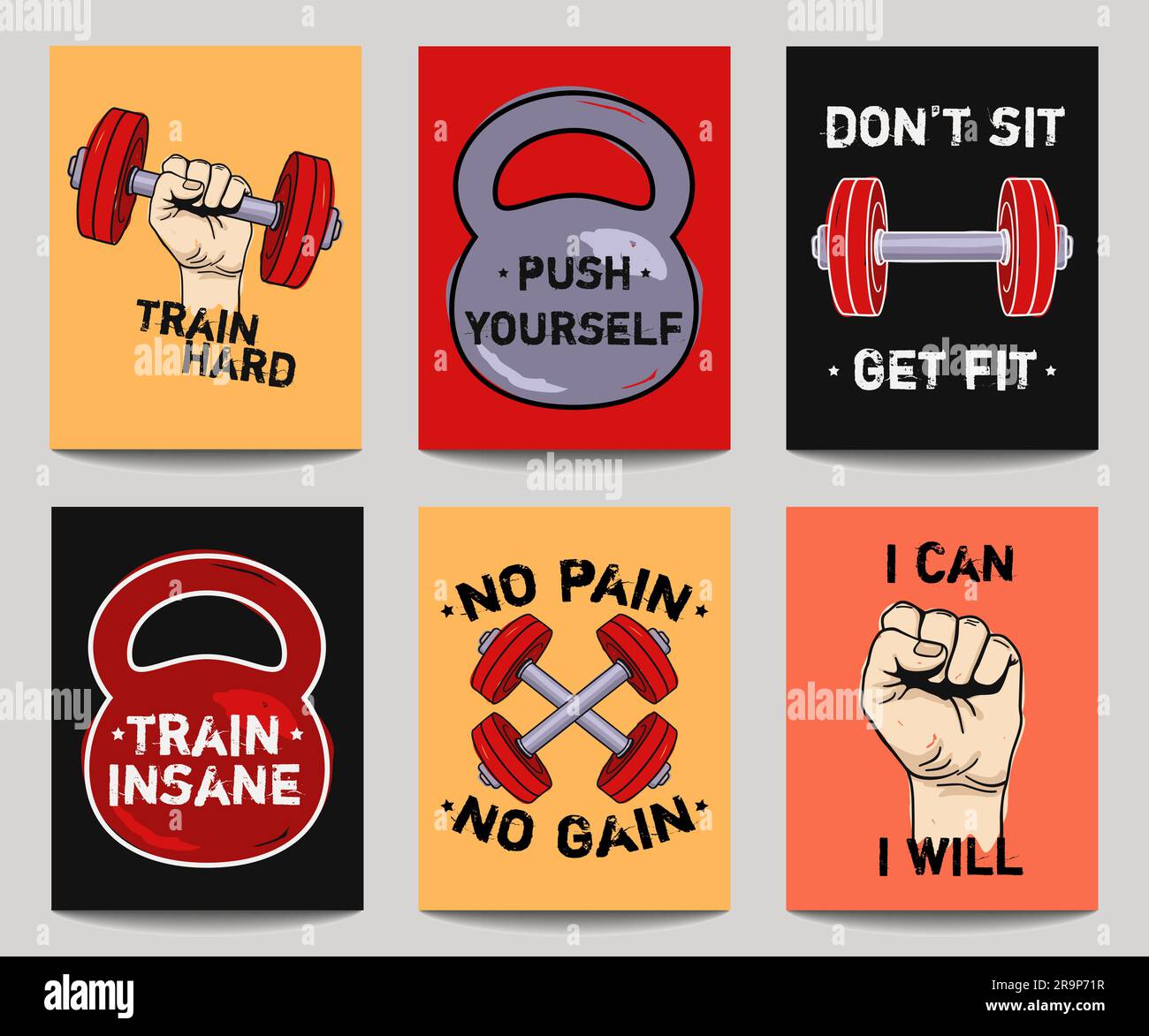 Vector colorful set of modern fitness templates with hands, dumbbells ...