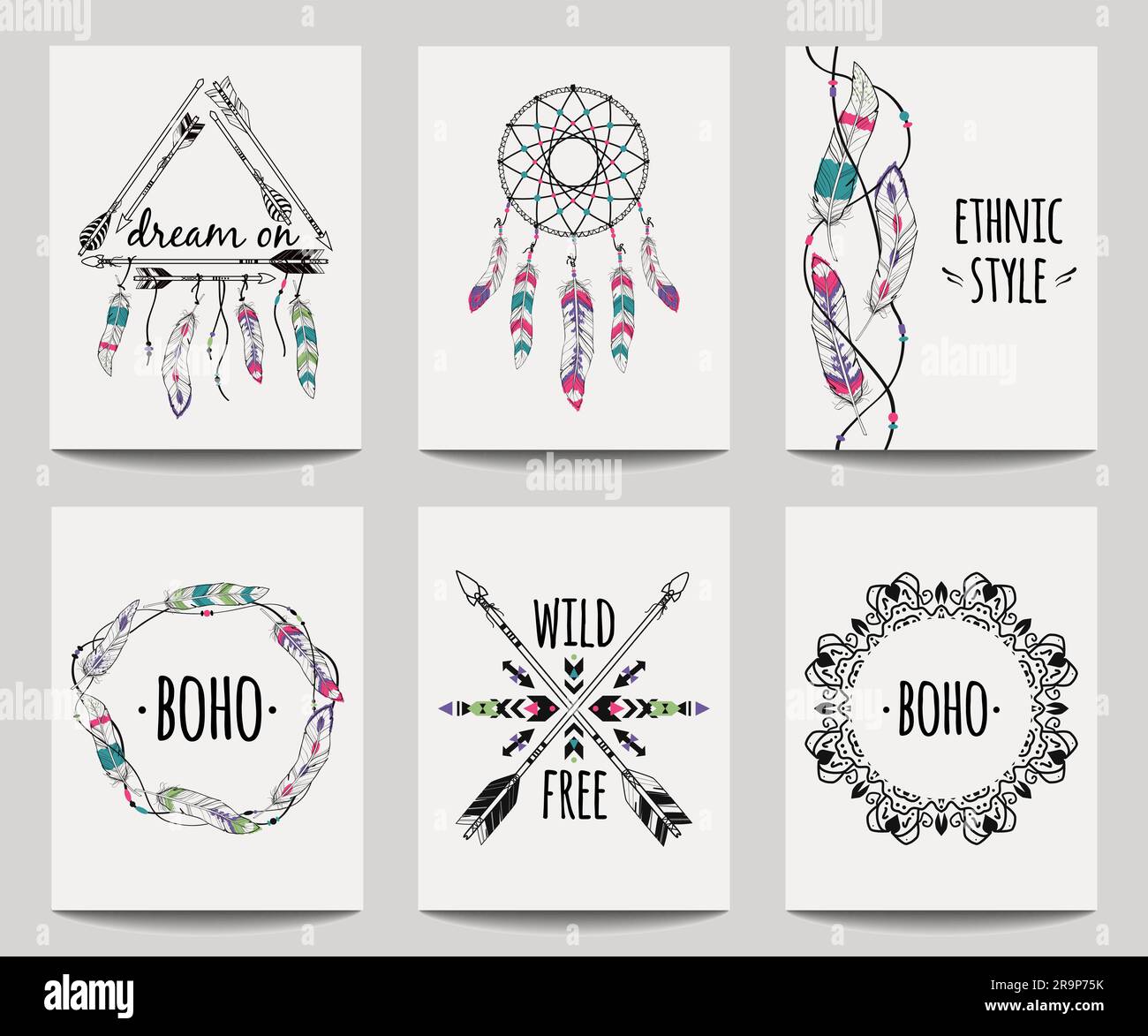 Vector set of abstract ethnic flyers with arrows, dreamcatcher, feather ...