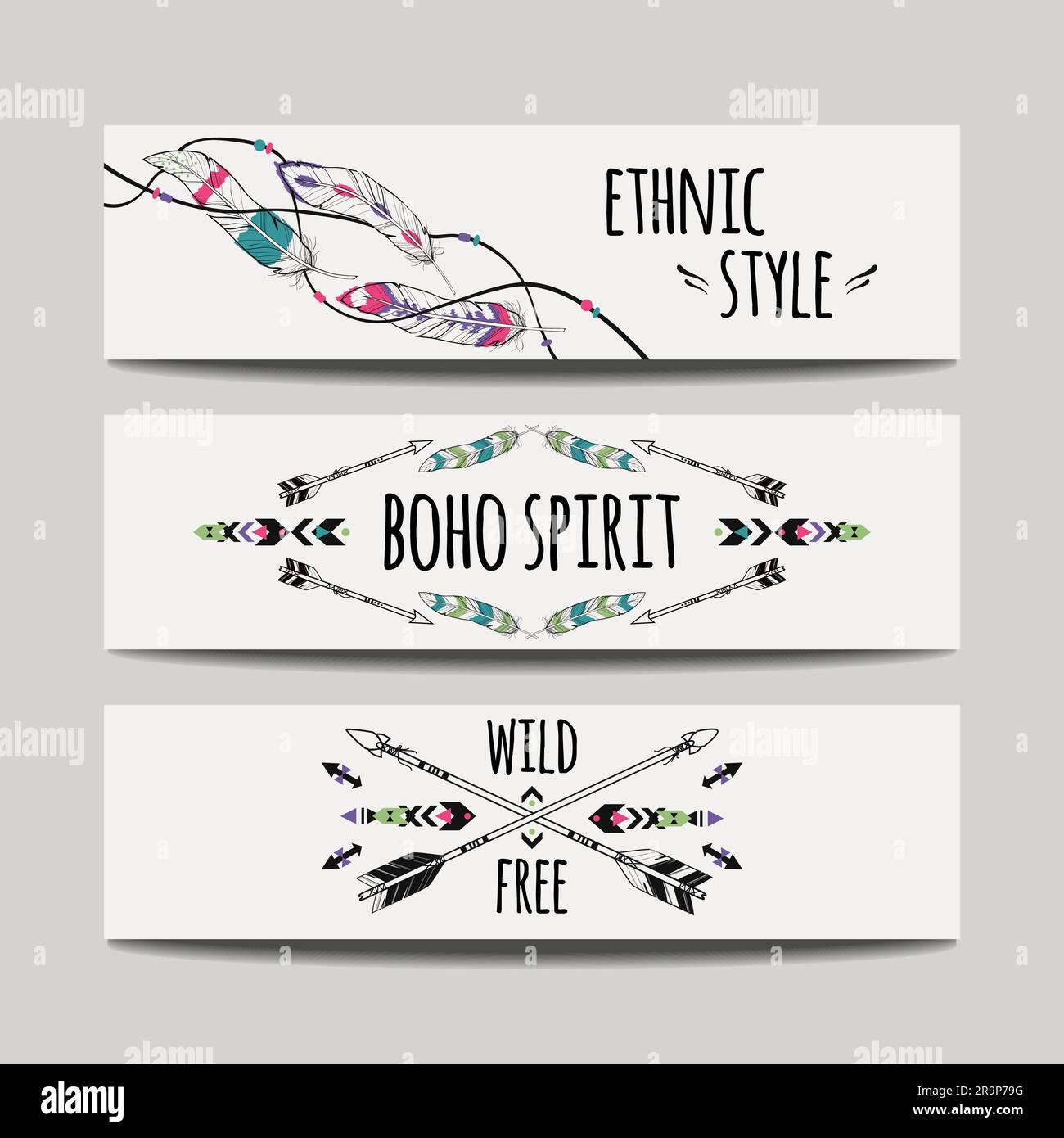 Vector set of abstract ethnic banners with arrows, feathers and ...