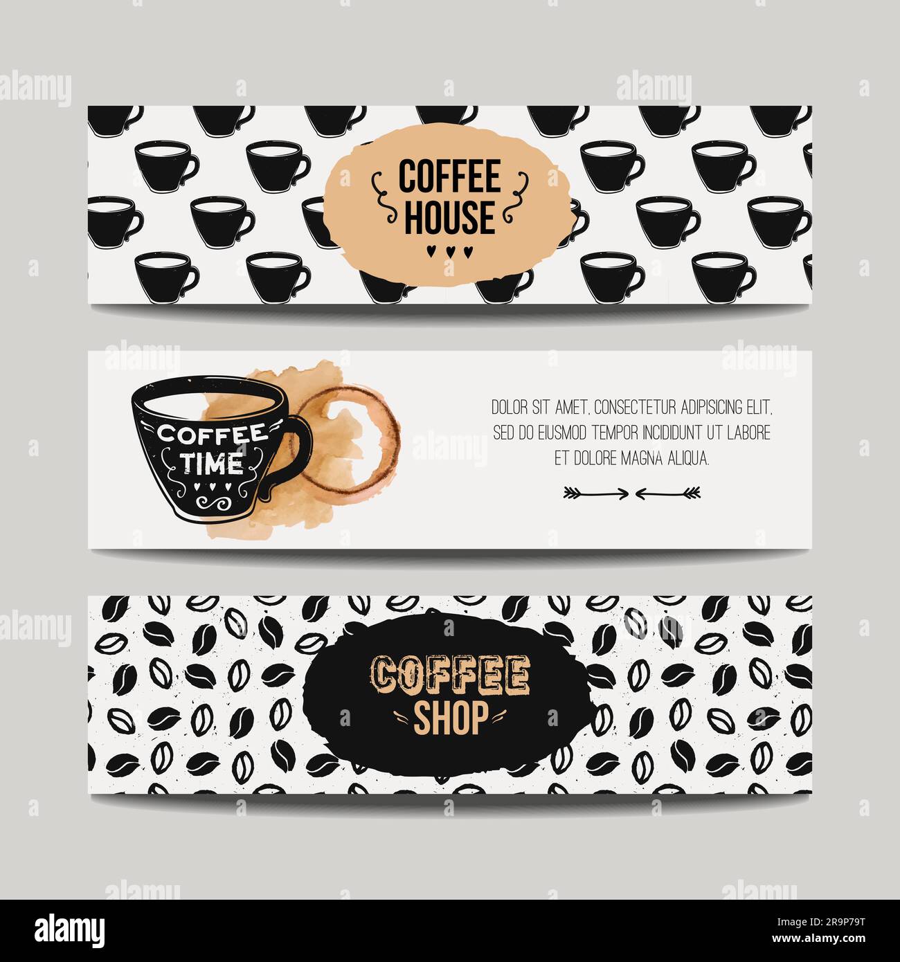 Vector set of modern banners with coffee backgrounds. Trendy hipster ...