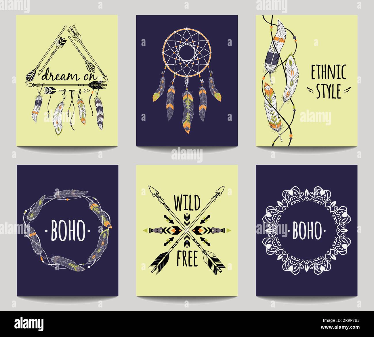 Vector set of abstract ethnic flyers with arrows, dreamcatcher, feather ...