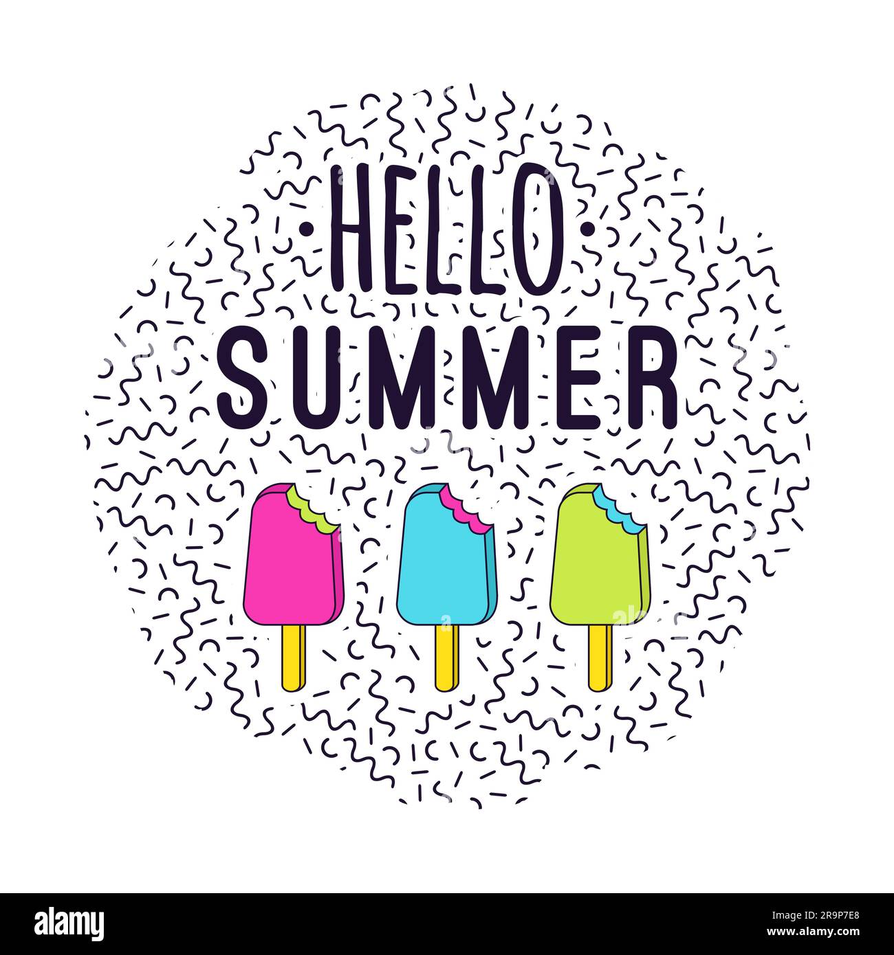 Vector illustration "Hello Summer" with bitten ice cream and memphis geometric elements Stock ...