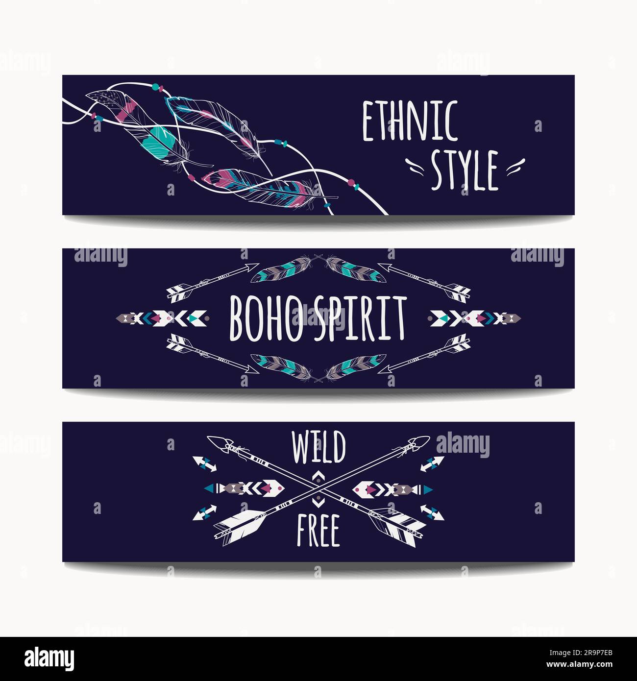 Vector set of abstract ethnic banners with arrows, feathers and ...
