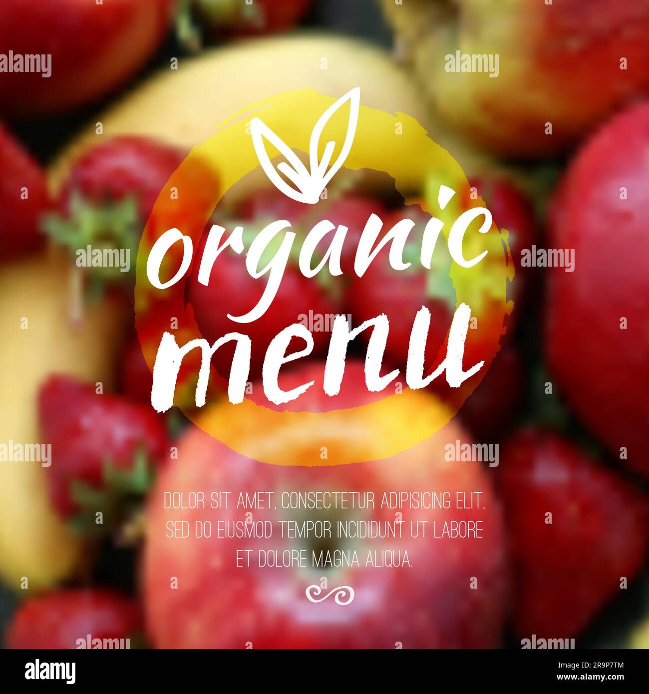 Vector blurred background with fruits and eco label. Healthy fresh food ...