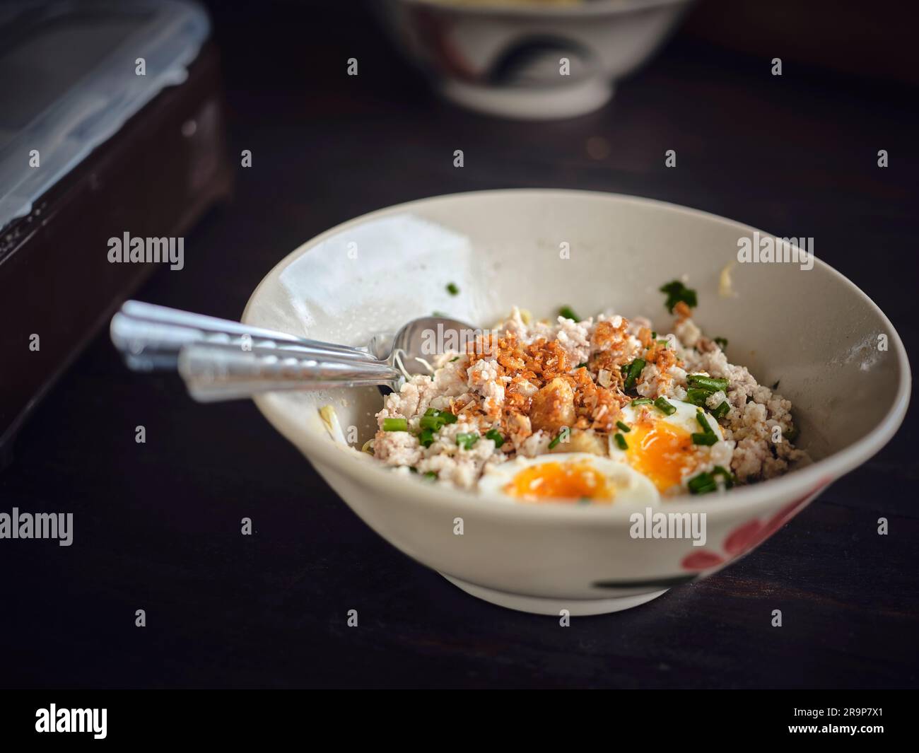 Tom Yum noodle soup ,Egg noodles with Minced Pork .popular hot and ...