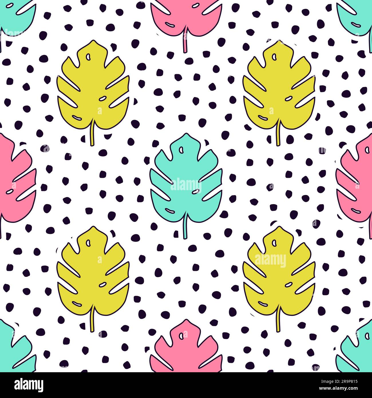 Vector seamless pattern with monstera palm leaves and polka dot ...