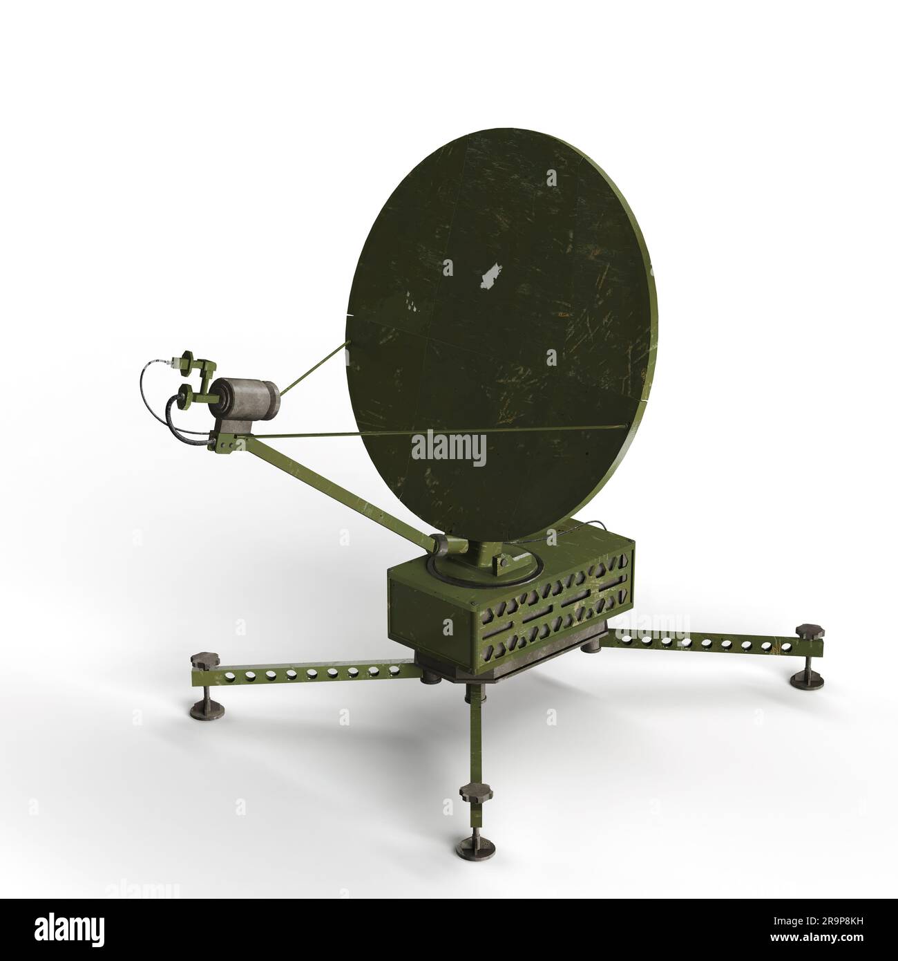 A 3d rendering of a large, green satellite on wheels on white ...