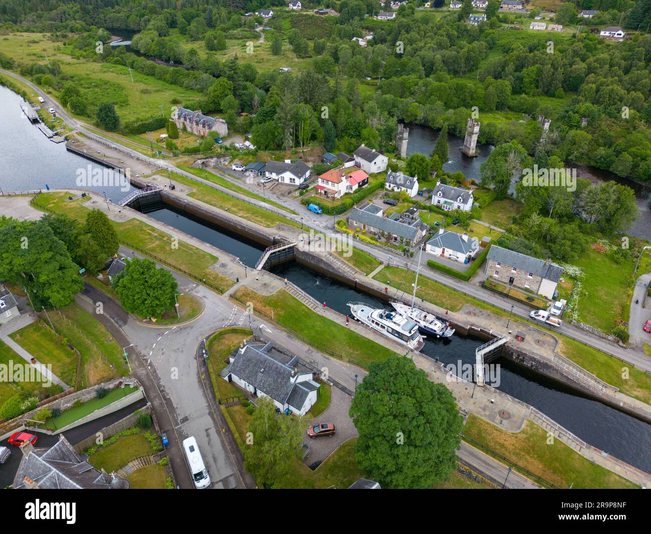 Aerial drone photo of the boat lock in Fort Augustus, Scotland. The ...