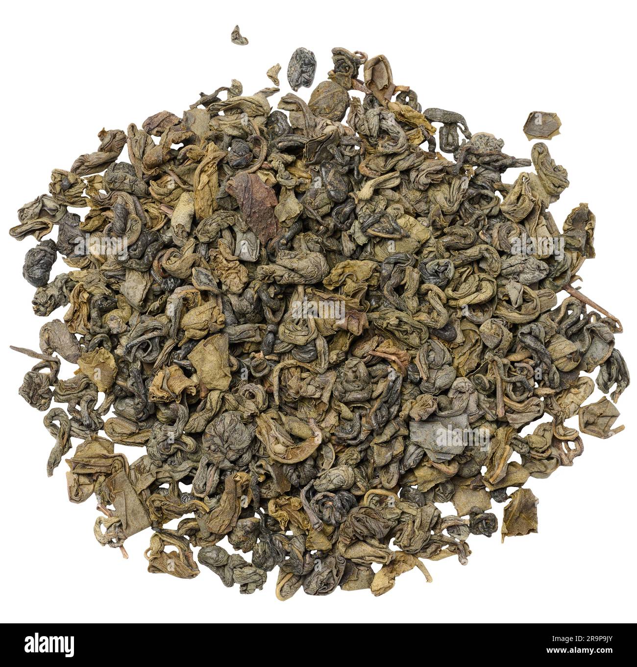 Twisted dry green tea leaves, healthy drink. Top view Stock Photo - Alamy