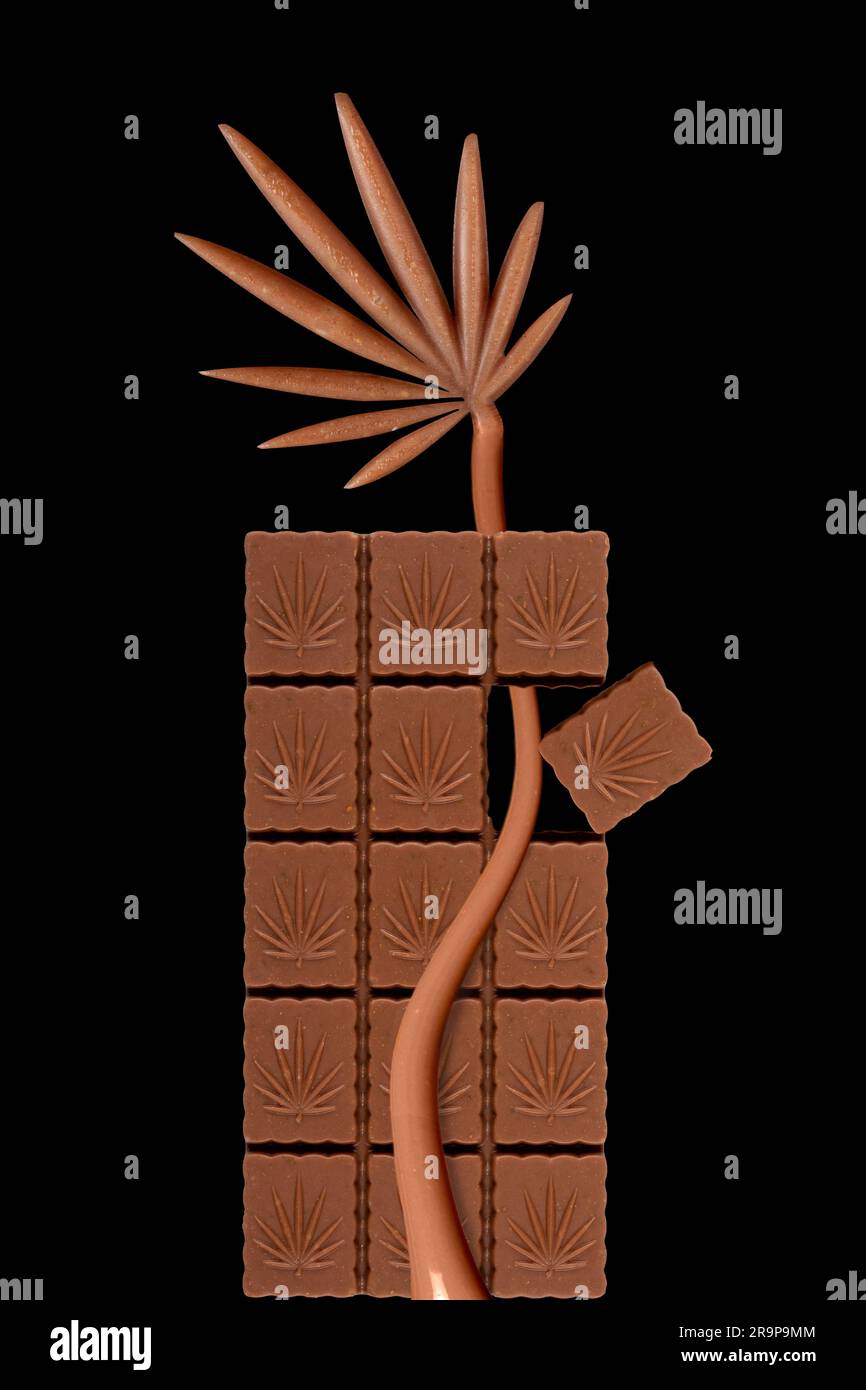 Bar of CBD chocolate on a black background with a chocolate cannabis ...