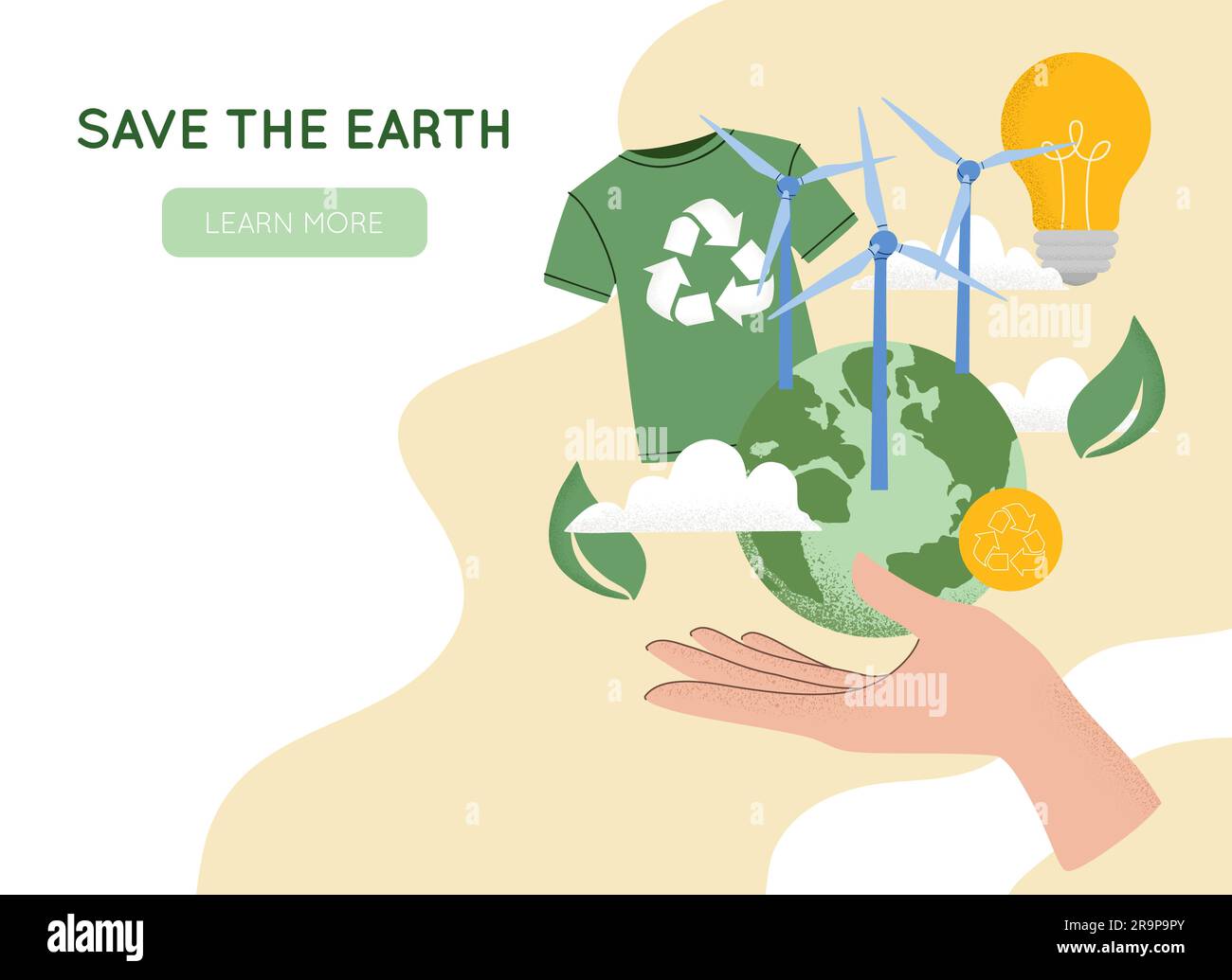 Vector illustration of human hand holding Earth globe, wind power plant ...