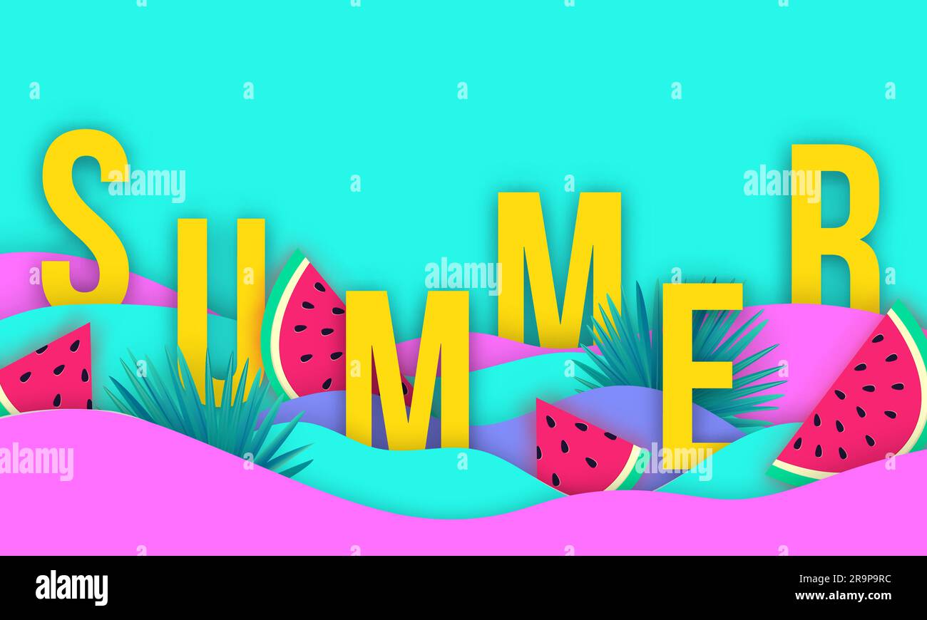Vector abstract wavy summer paper cut background with watermelons and ...
