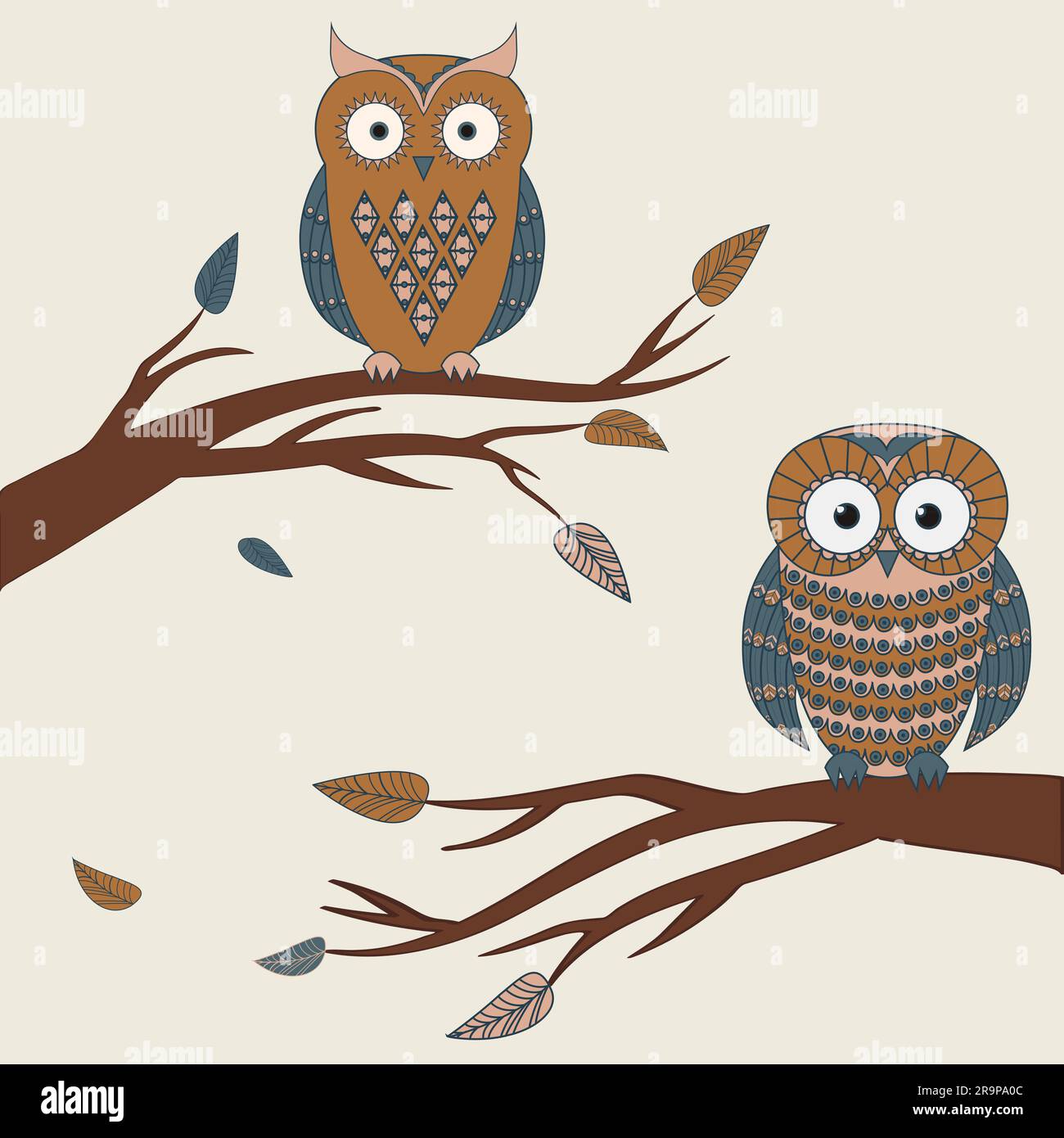 Vector illustration of two cute colorful owls sitting on a branch Stock Vector Image & Art - Alamy